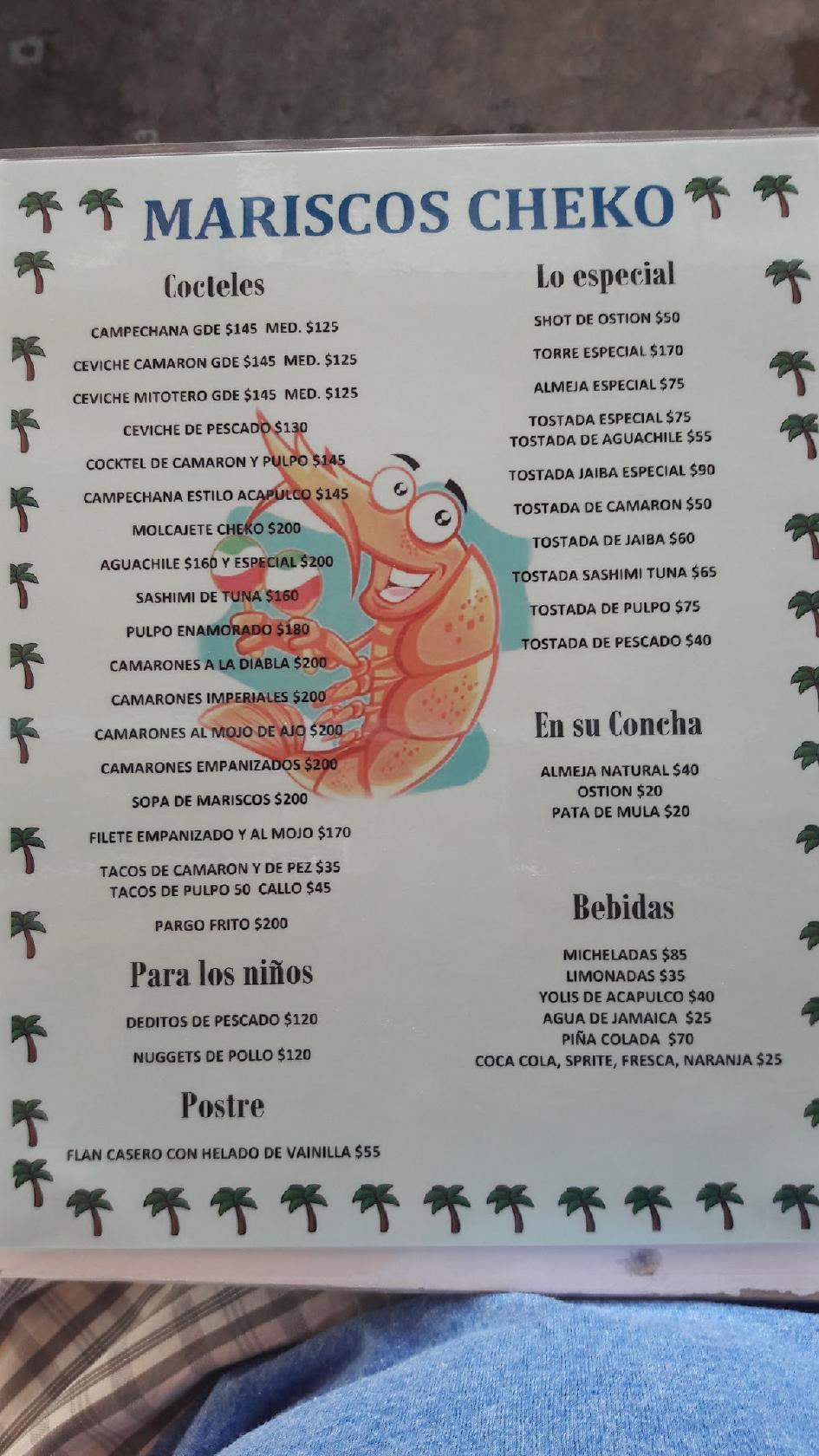 Menu at Mariscos Cheko restaurant, Cabo San Lucas, Calle Tierra