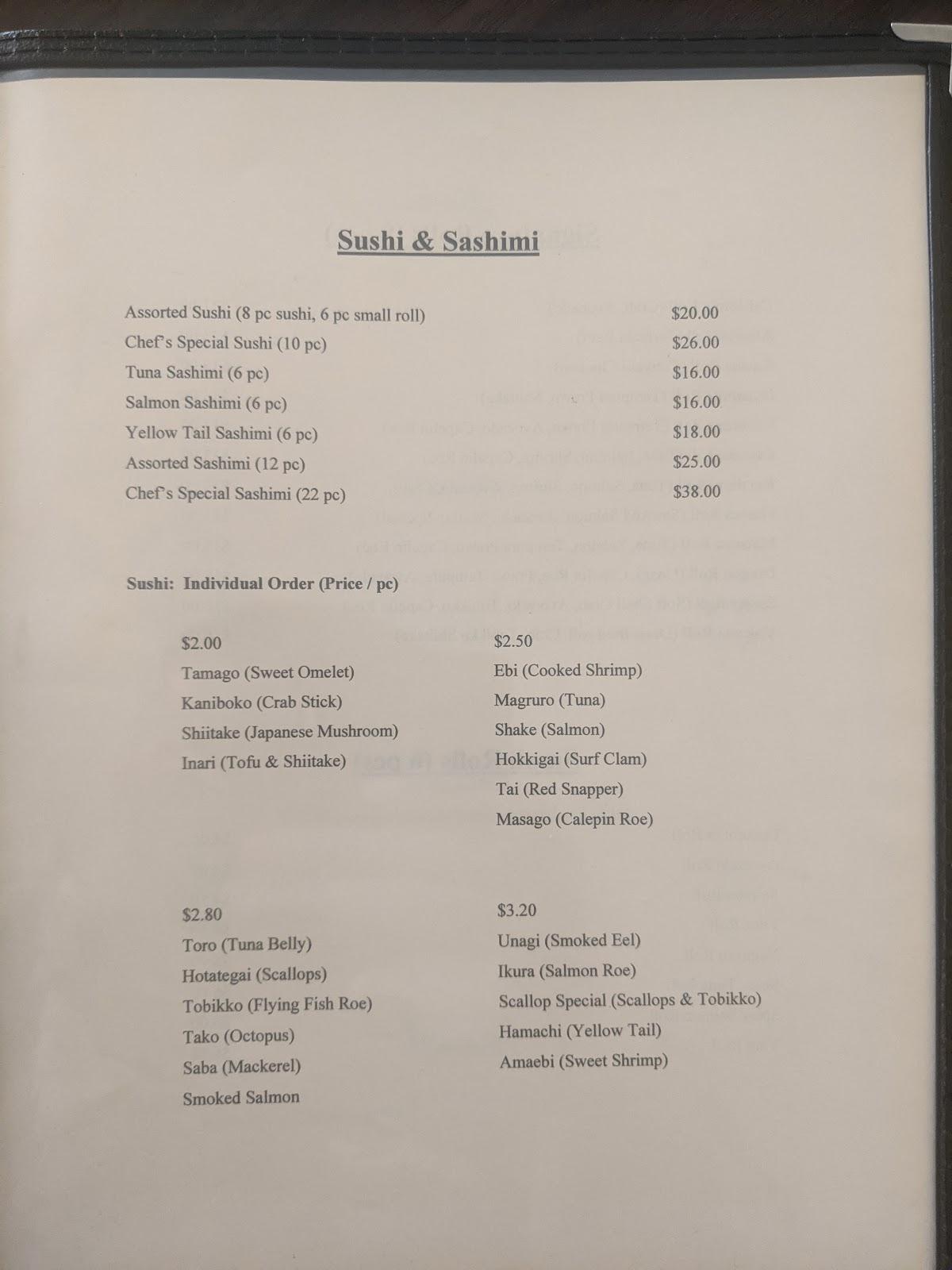 Menu at Matsuya Japanese House restaurant, Cochrane