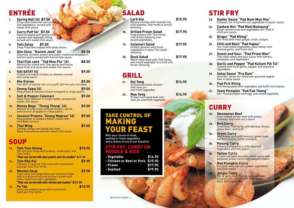 Menu at Na Siam Thai Restaurant, Narooma