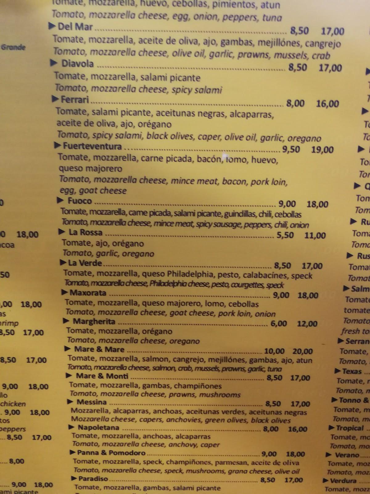 Menu at Panna & Pomodoro restaurant, Castillo Caleta de Fuste