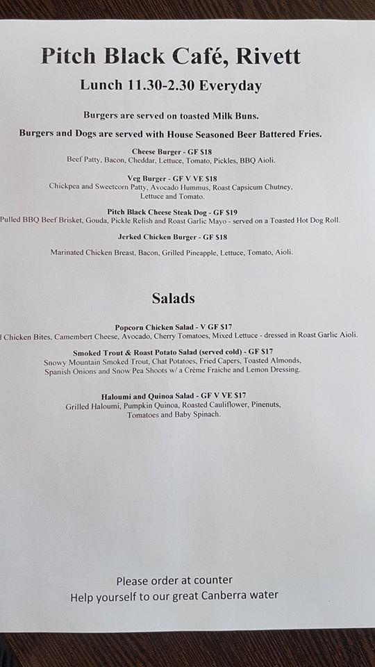 Menu at Pitch Black Cafe, Rivett