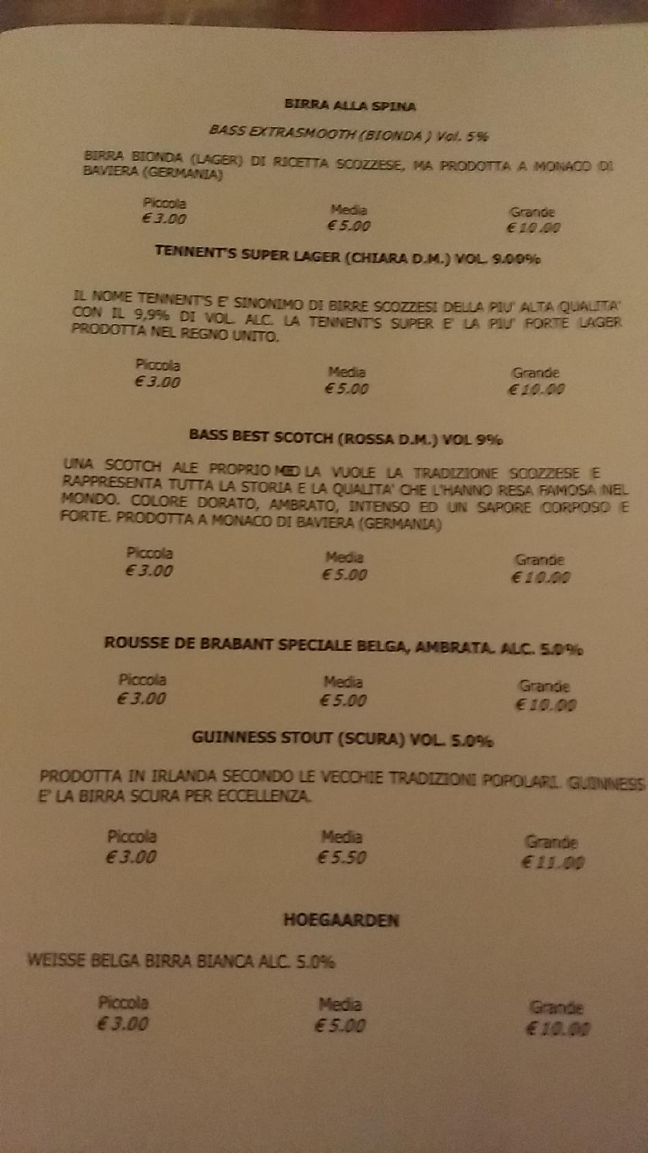 Menu da Power Station pub & bar, Ville
