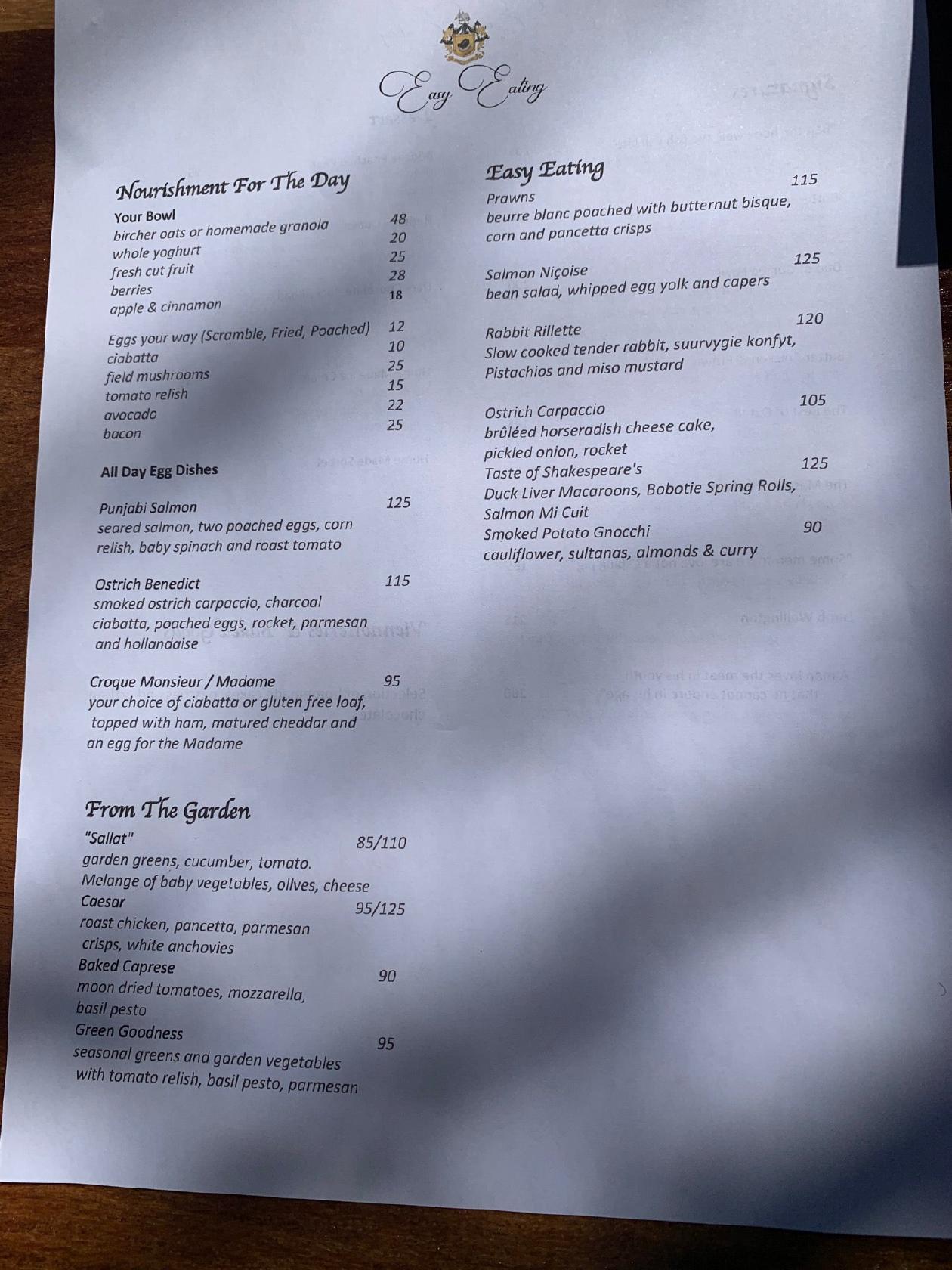 Menu at Shakespeare's Restaurant Durbanville, Cape Town