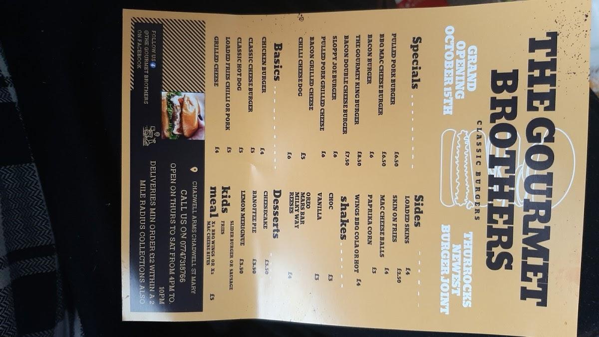 Menu at The Gourmet Brothers restaurant, Grays