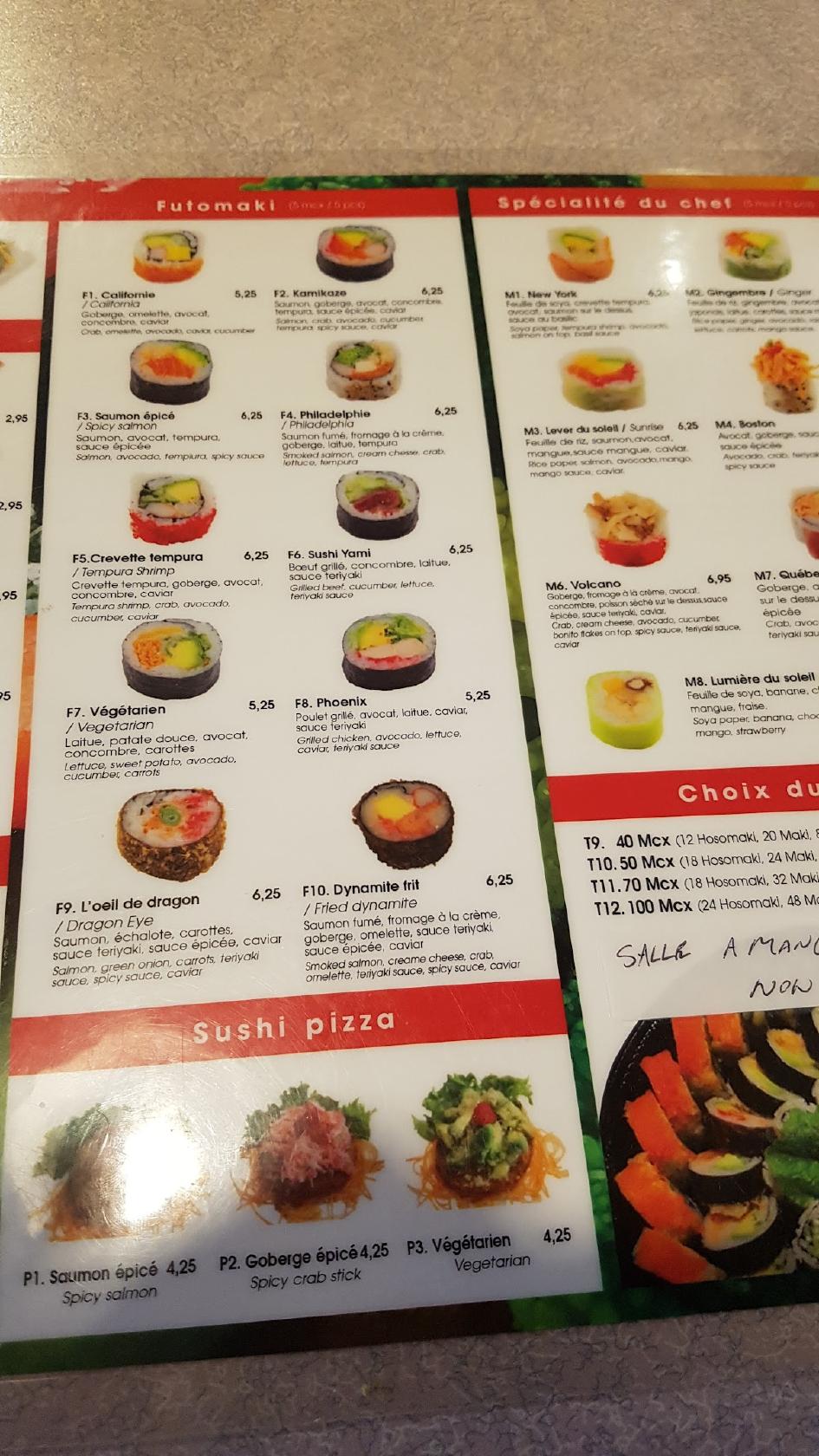Menu au Yami Sushi restaurant, Montréal