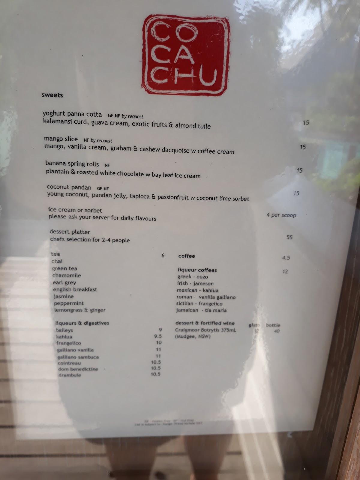 Menu at coca chu restaurant, Hamilton Island