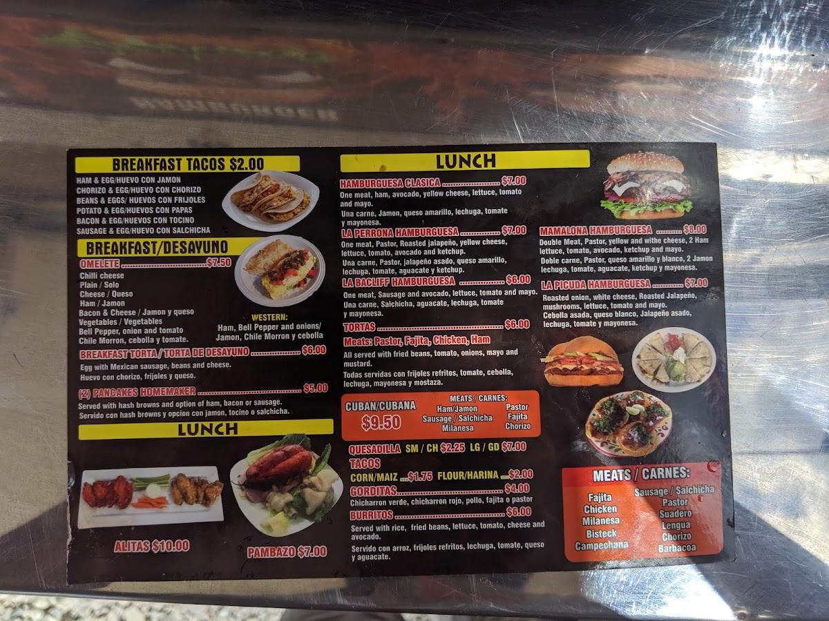 Menu at Azteca Xitlaly restaurant, Bacliff