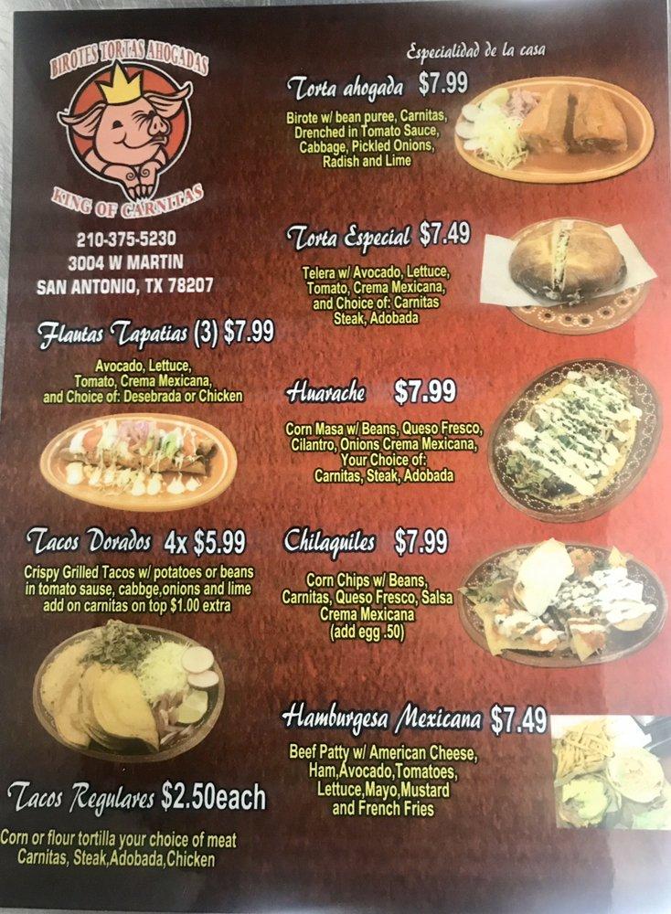 Menu at Birotes Tortas Ahogadas restaurant, San Antonio
