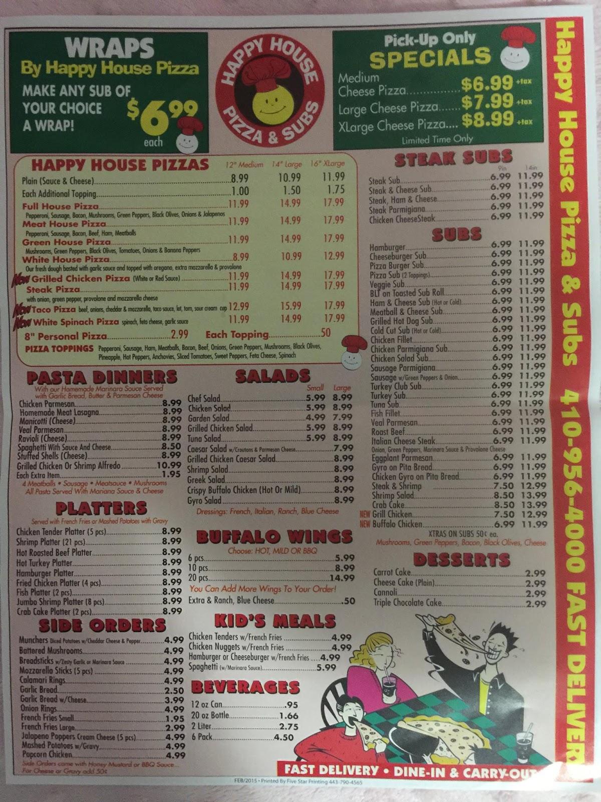 Carta de pizzería Happy House Pizza & Subs, Edgewater