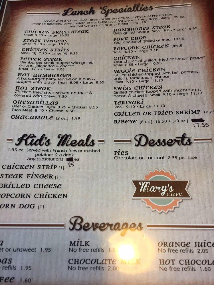 Menu at Mary's Cafe, Colorado City