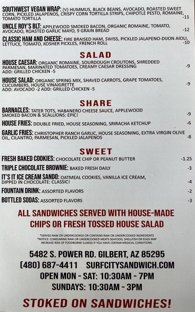Menu at Surf City Sandwich restaurant, Gilbert