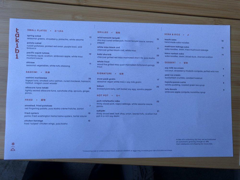 Menu at Takibi restaurant, Portland