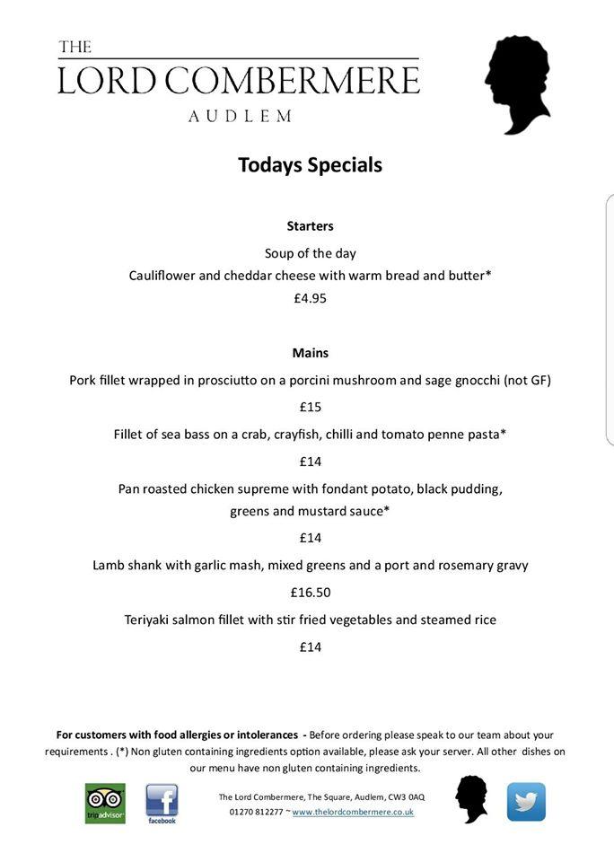 Menu at The Lord Combermere pub & bar, Audlem
