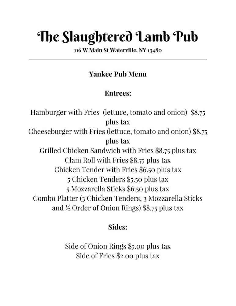 Menu at The Slaughtered Lamb Pub, Waterville