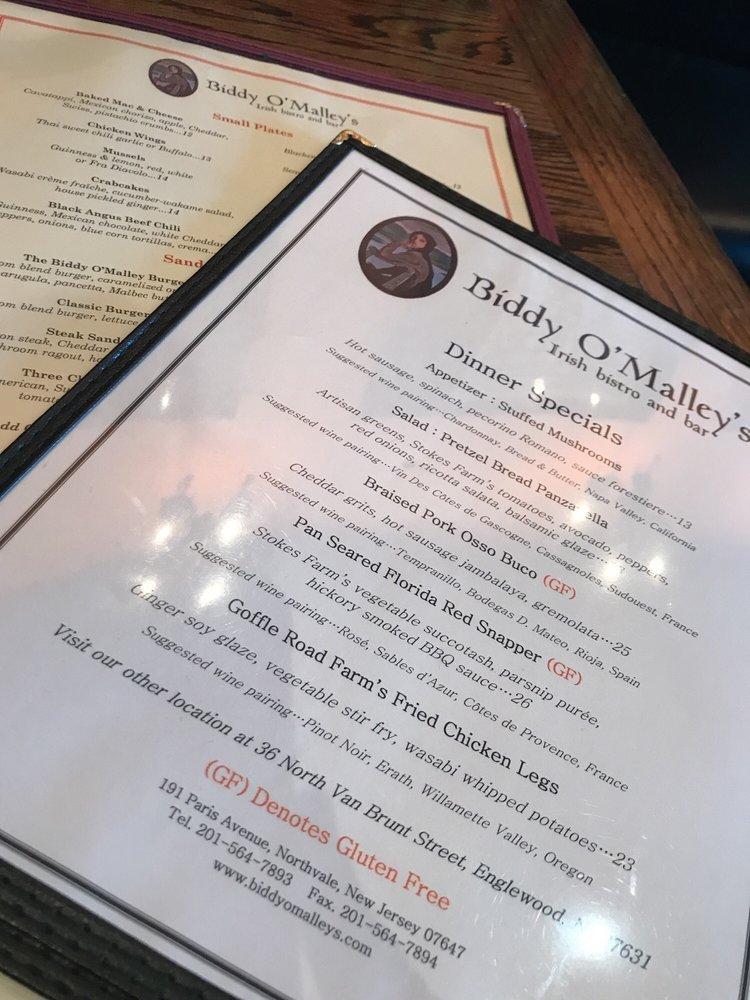 Menu at Biddy O'Malley's pub & bar, Northvale