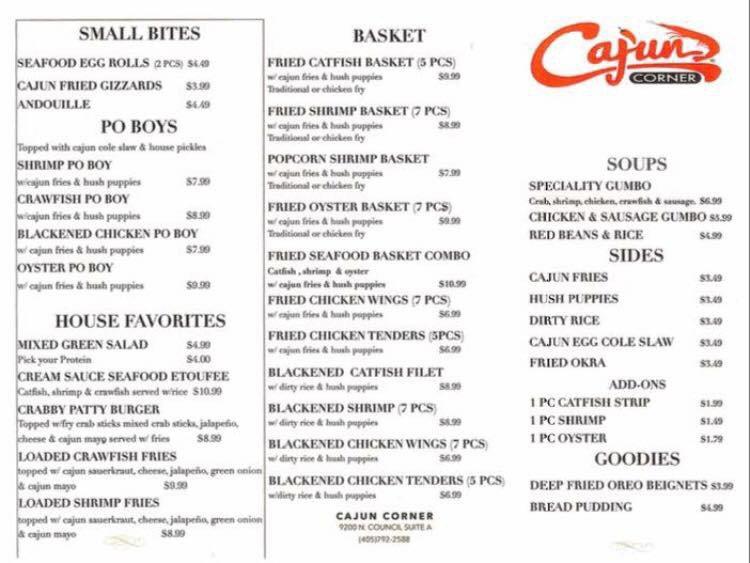 Menu at Cajun Corner pub & bar, Oklahoma City, N Council Rd ste a