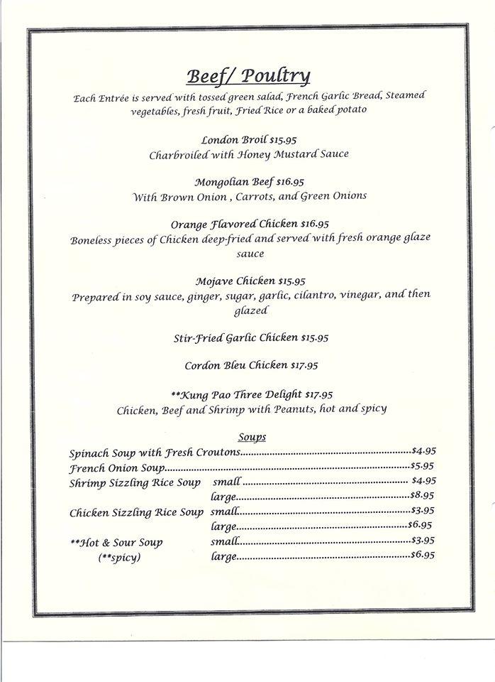 Menu at Chateau Chang steakhouse, Victorville