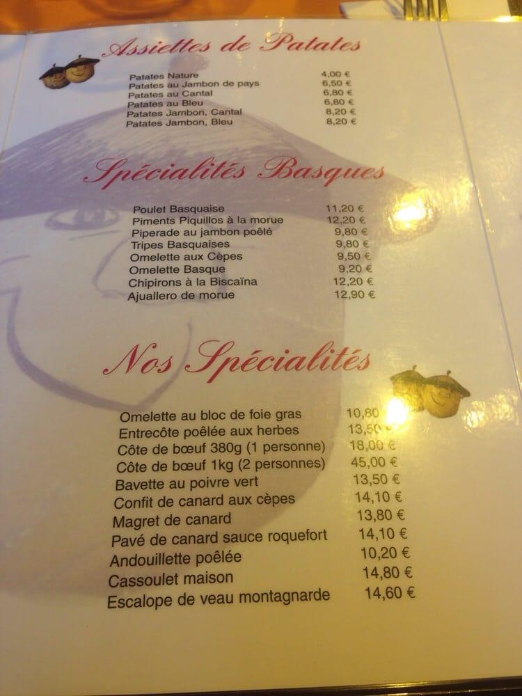 Menu at Chez Gladines Saint-Germain restaurant, Paris, 44 Bd Saint-Germain