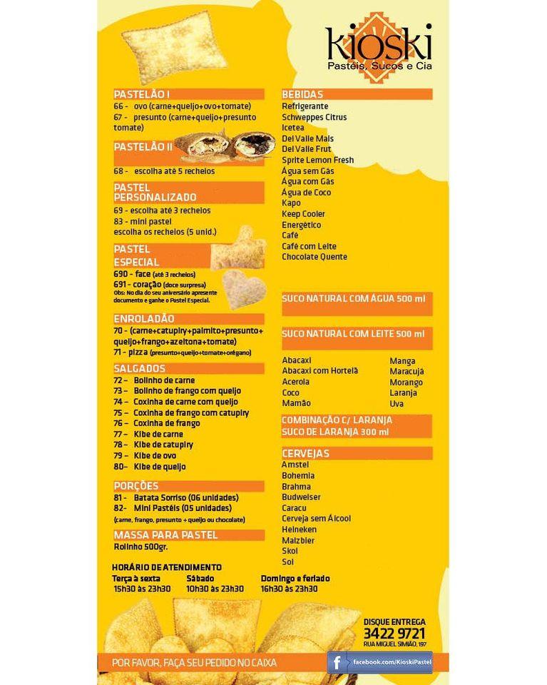 Menu at Kioski Pastéis fast food, Apucarana, R. Miguel Simião