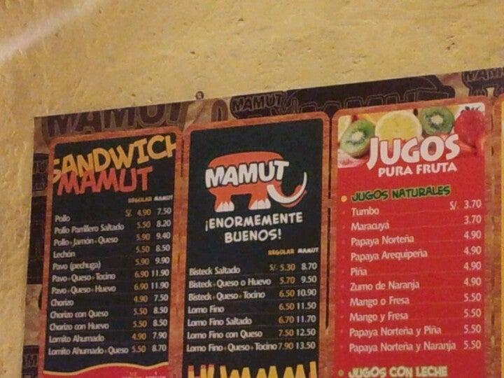 Carta del restaurante Mamut, Arequipa, Mercaderes 108