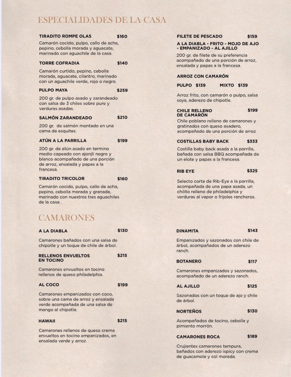Carta de Ola Sinaloa - Mariscos Auténticos Rib’s Restaurant-Bar, Monclova