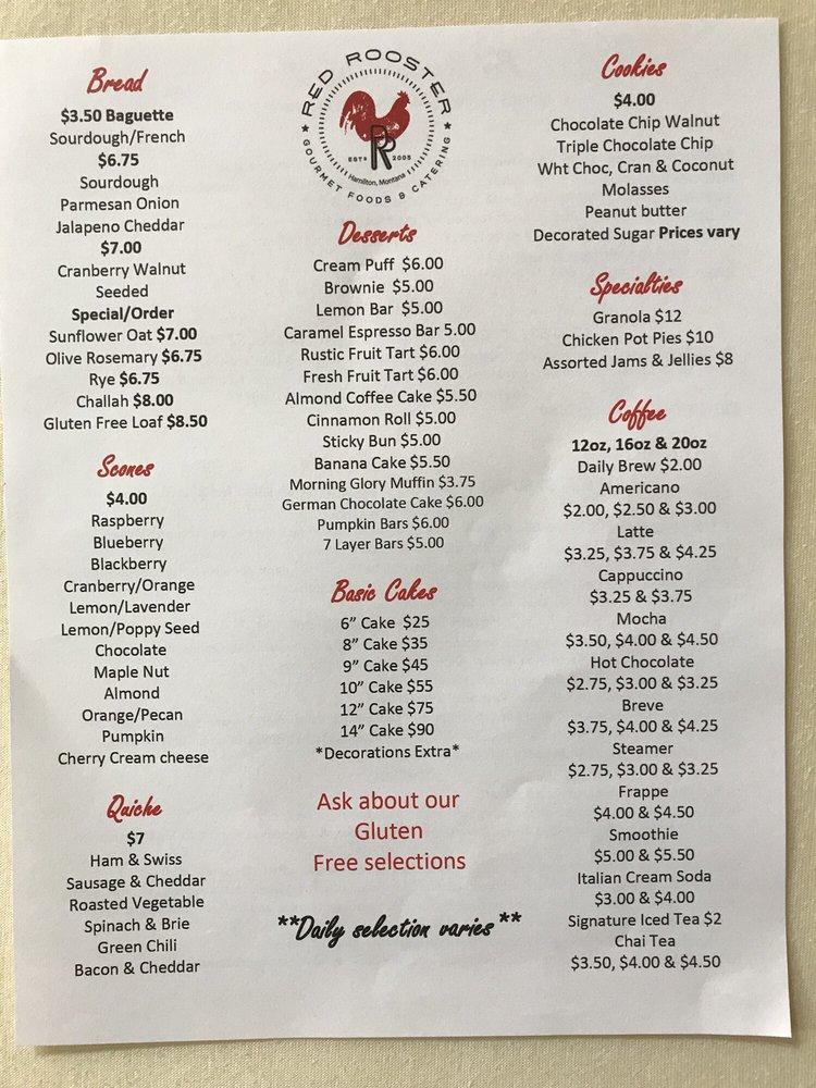 Menu at Red Rooster Artisan Bakery, Hamilton