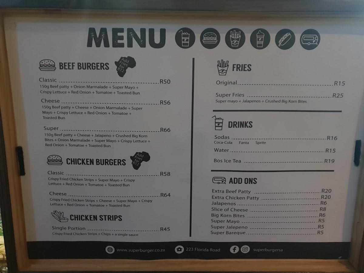 Menu at Super Burger restaurant, Berea