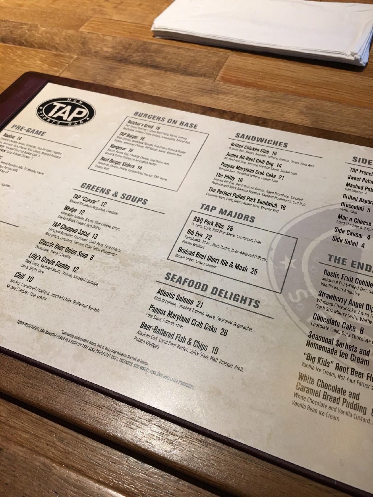 Menu at TAP Sports Bar, Oxon Hill, MGM National Harbor Resort & Casino