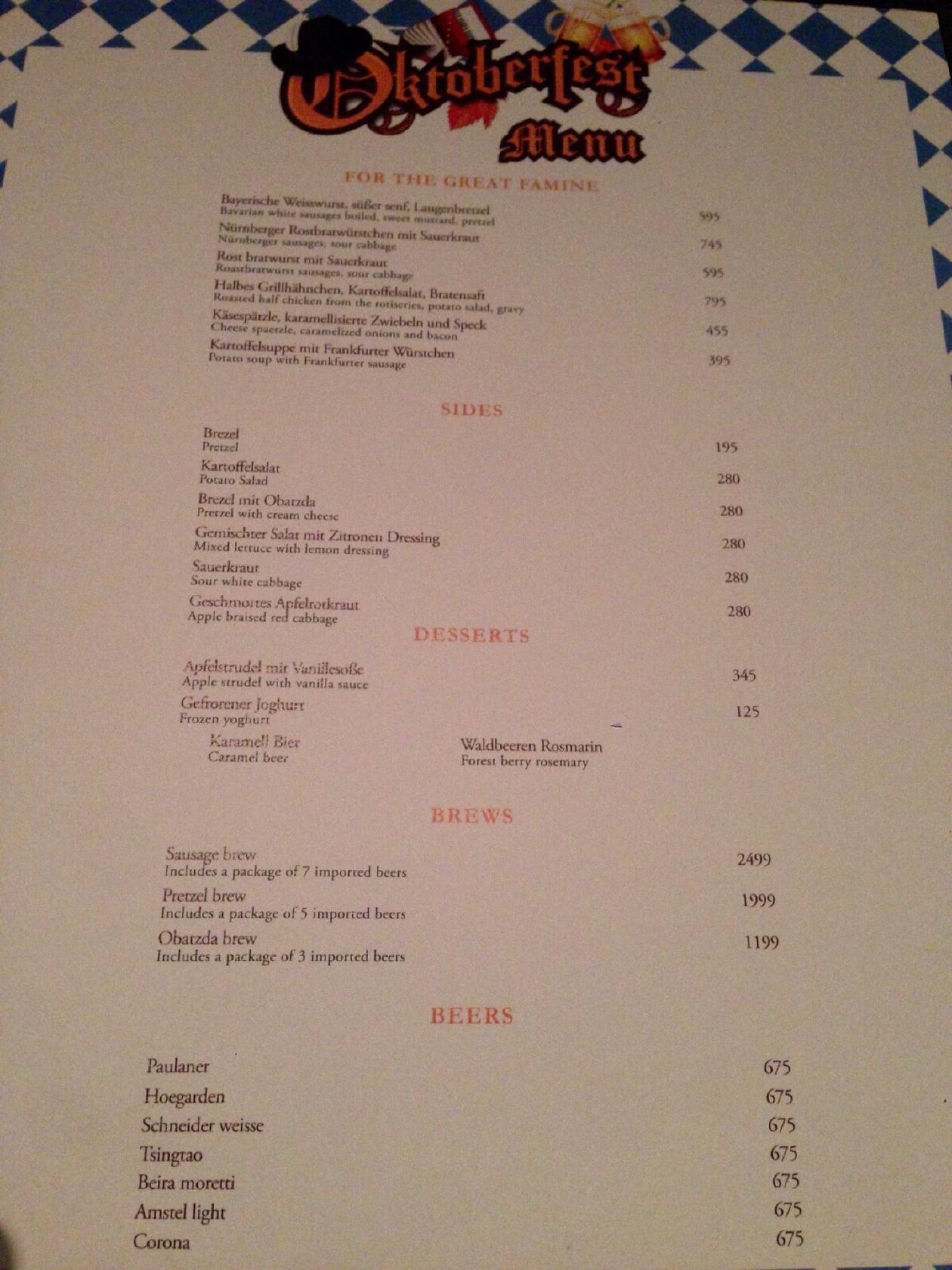 Menu at The Flying Elephant, Chennai, Raj Bhavan