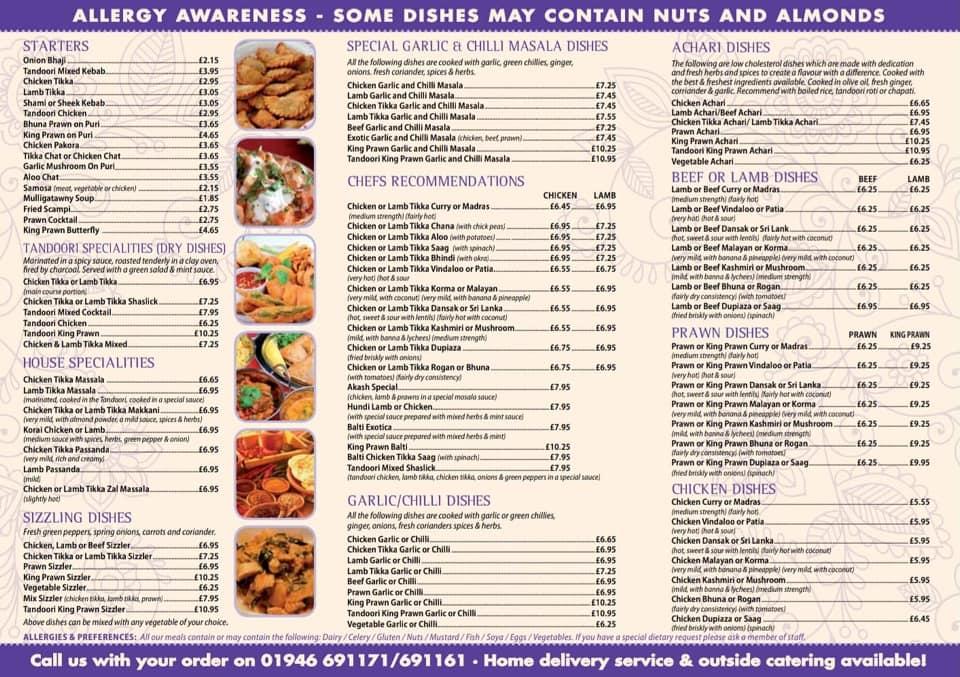 Menu at Akash Tandoori Restaurant, Whitehaven