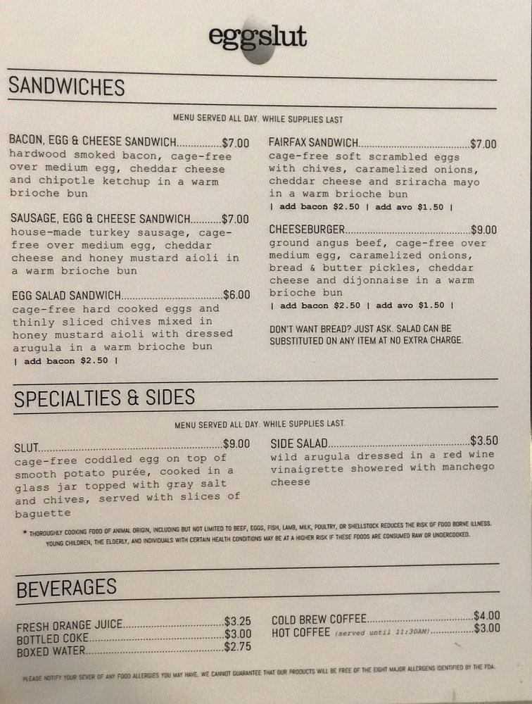 Menu at Eggslut restaurant, Los Angeles, 317 S Broadway