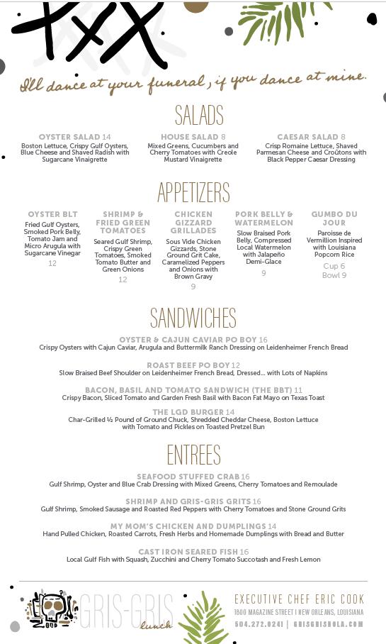 Menu at Gris-Gris restaurant, New Orleans