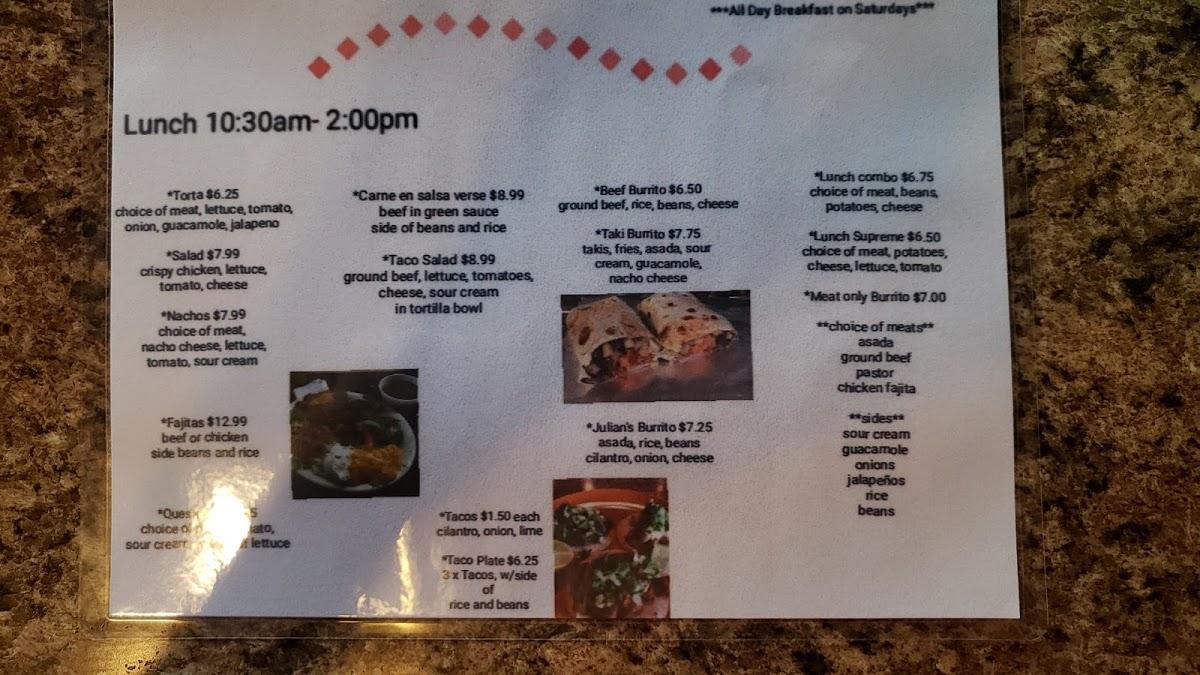 Menu at Julian’s Burritos restaurant, Wichita Falls