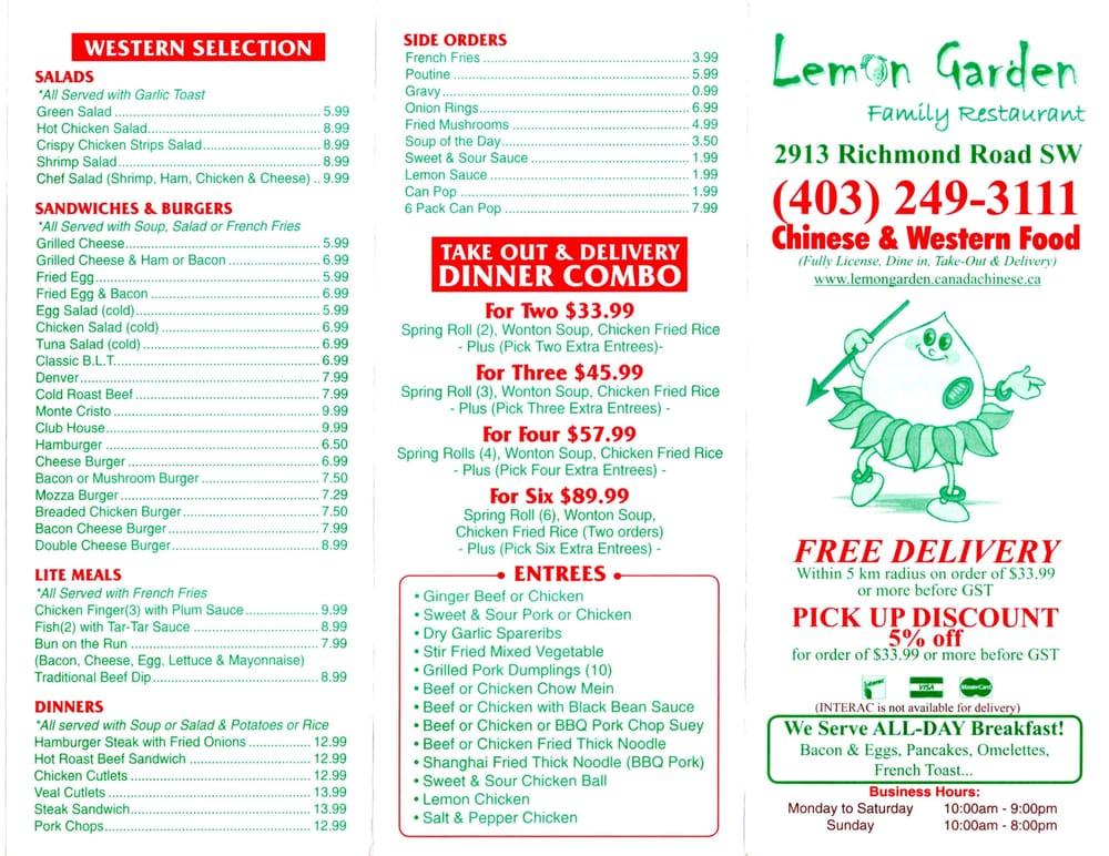 Menu at Lemon Garden restaurant, Calgary
