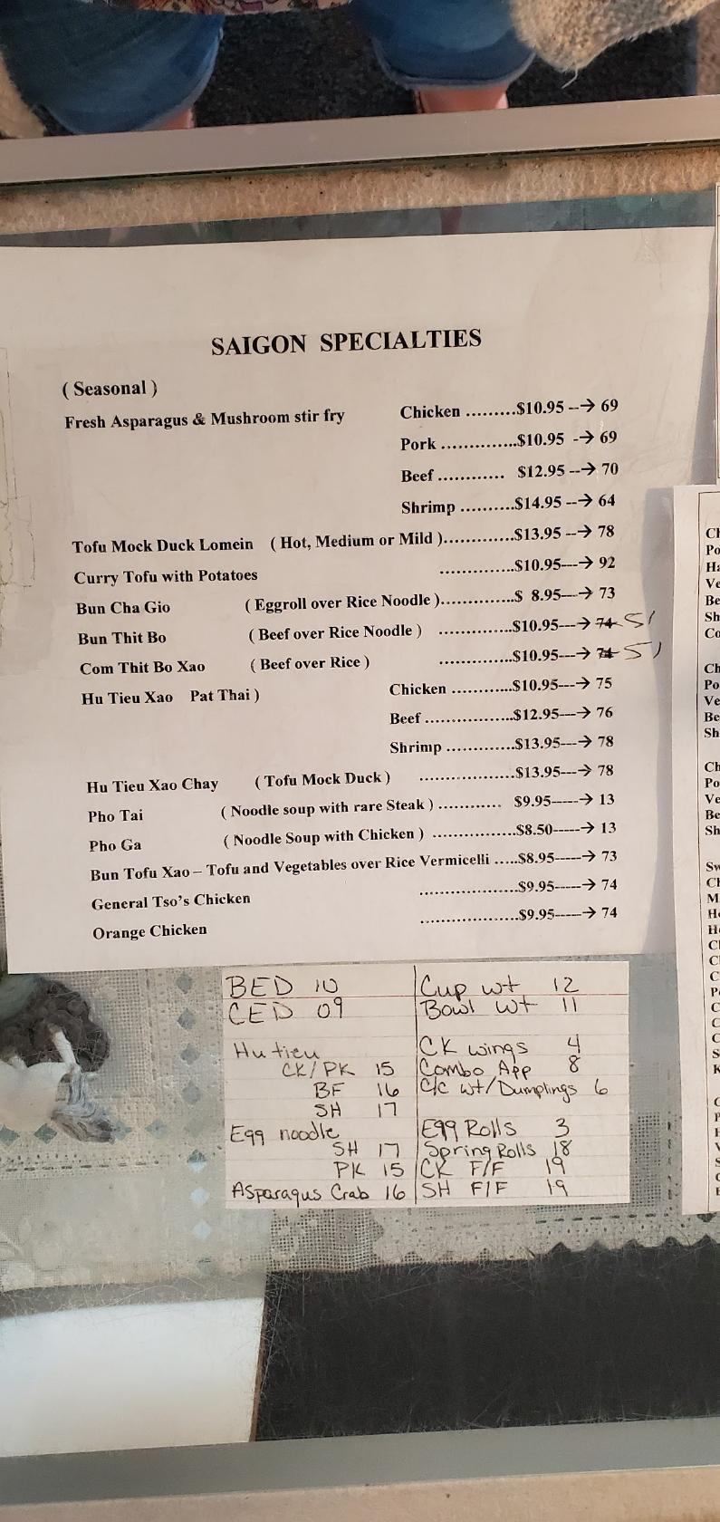 Menu at Saigon Cafe, Virginia