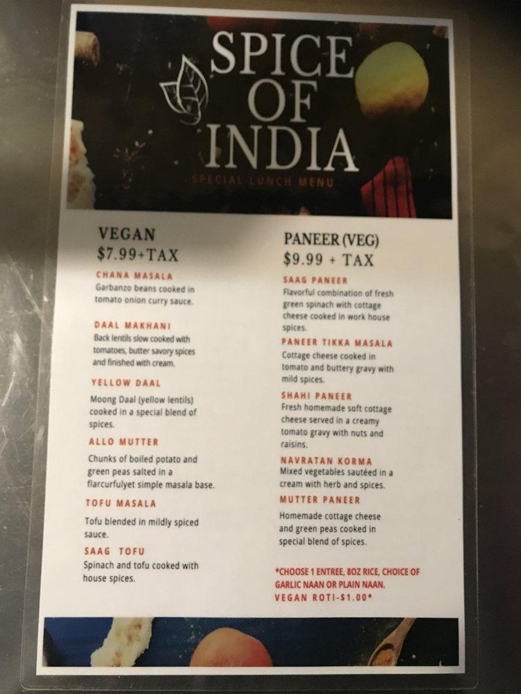 Menu at Spice of India restaurant, Hesperia