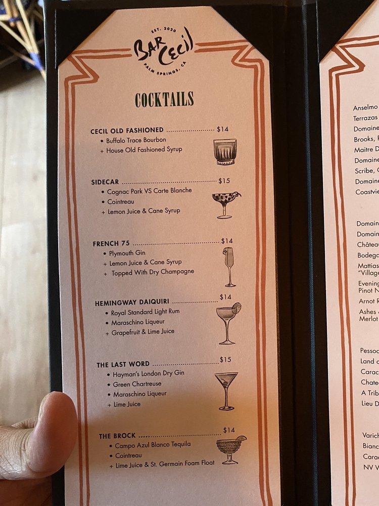 Menu at Bar Cecil, Palm Springs