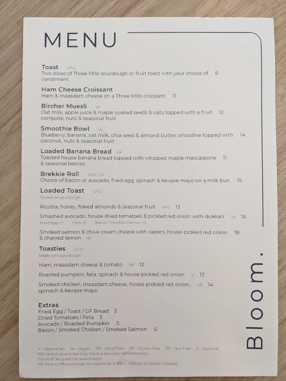 Menu at Bloom Coffee cafe, Phillip