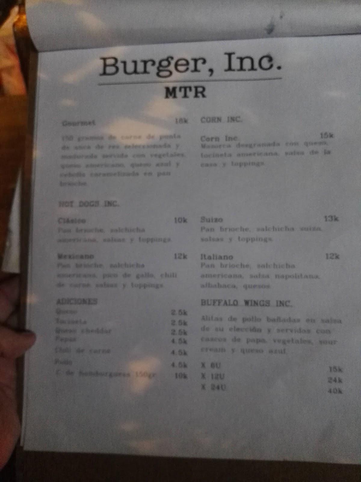 Menu at Burger, inc MTR restaurant, Montería