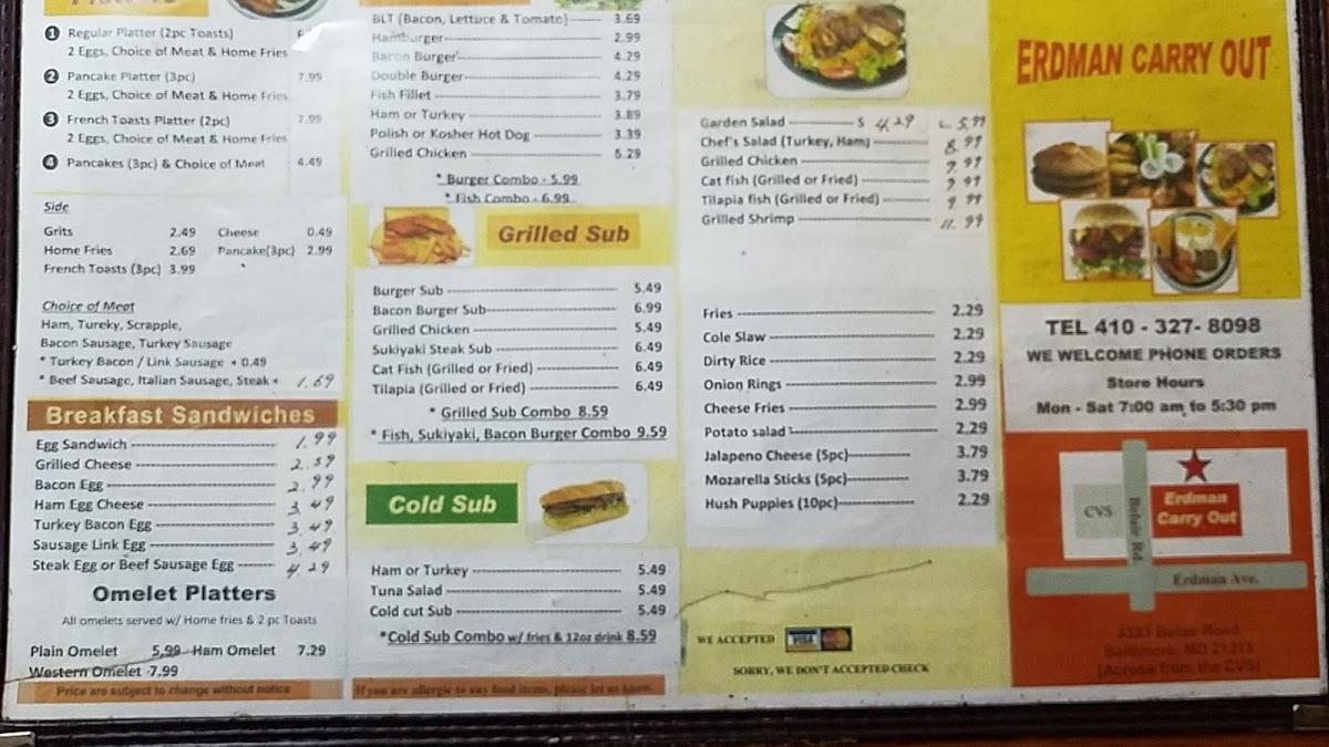 Menu at Erdman Carry-Out fast food, Baltimore