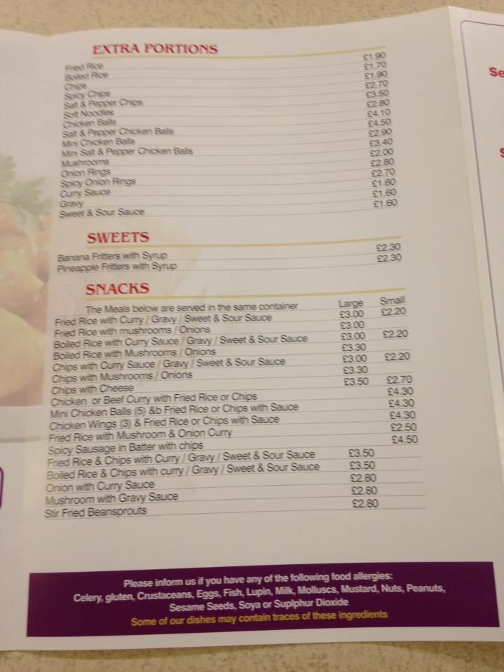 Menu at Flying Dragon Carry Out fast food, Stirling