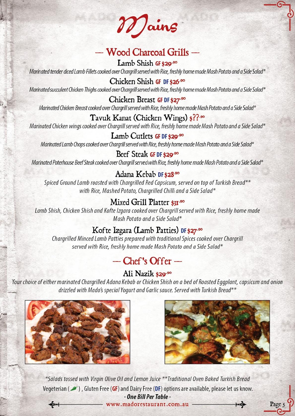 Menu at Mado Turkish Restaurant, South Brisbane
