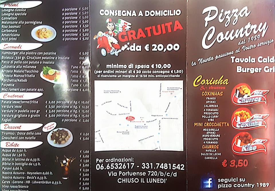 Menu at Pizza Country restaurant, Rome, Via Portuense
