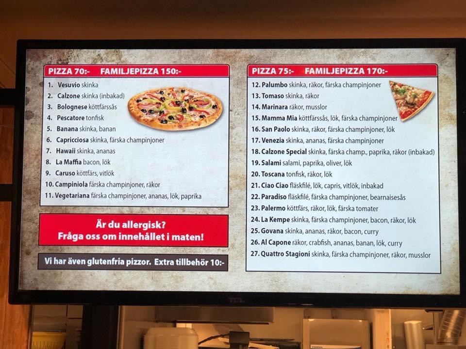 Menu at Pronto restaurant, Växjö