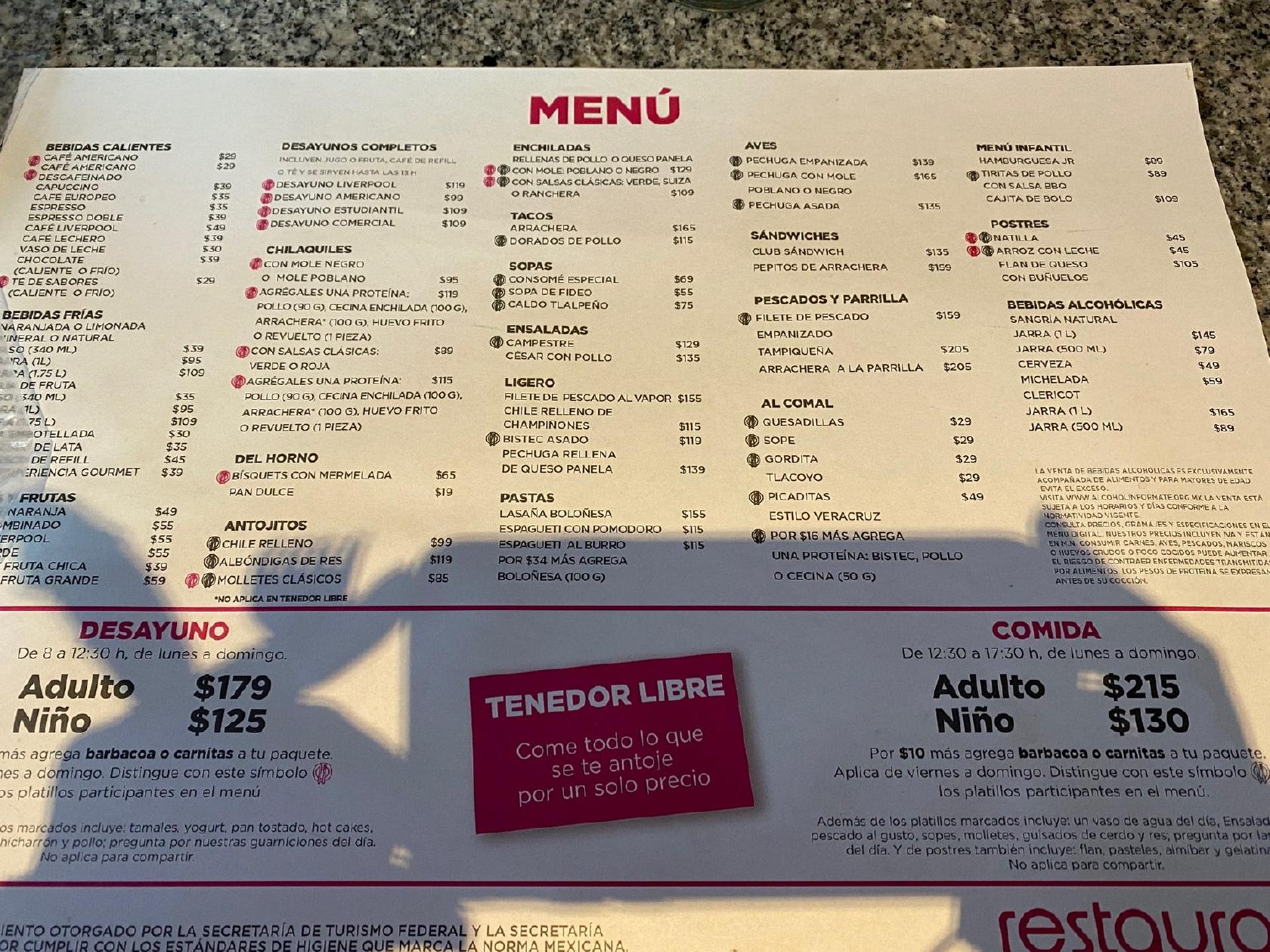 Carta de Restaurante Liverpool, Ciudad López Mateos, Av. Insurgentes ...