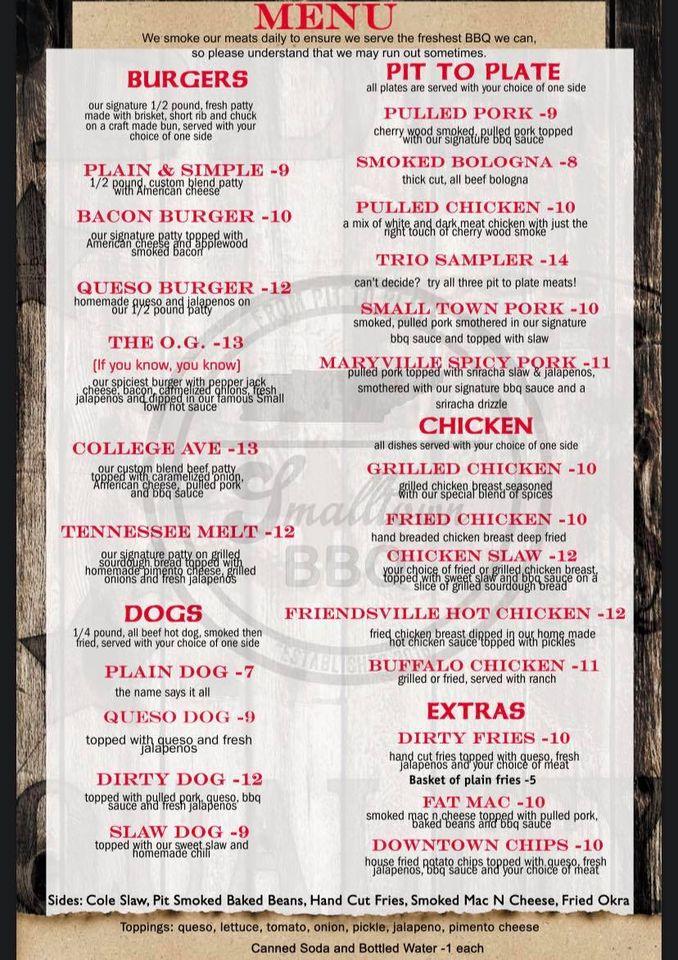 Menu at Small Town BBQ, Friendsville