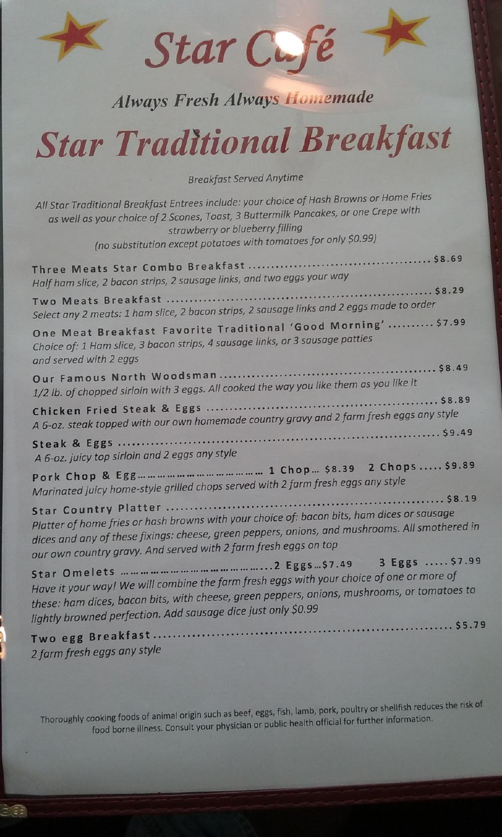 Menu at Star Cafe, Clearfield