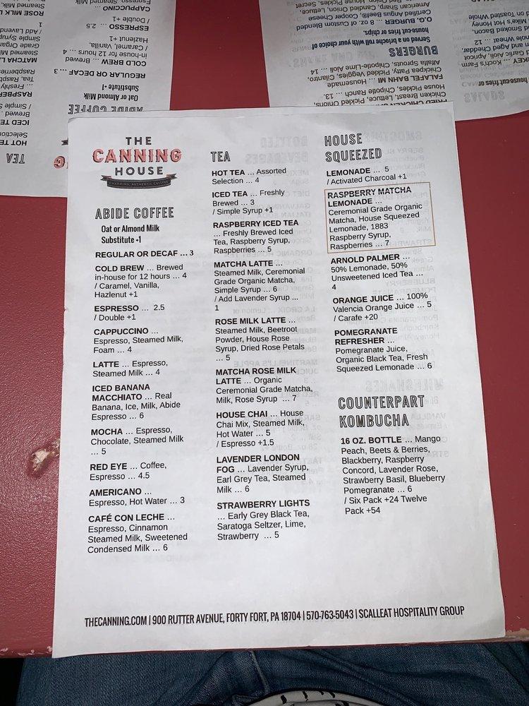 Menu at The Canning House restaurant, Forty Fort