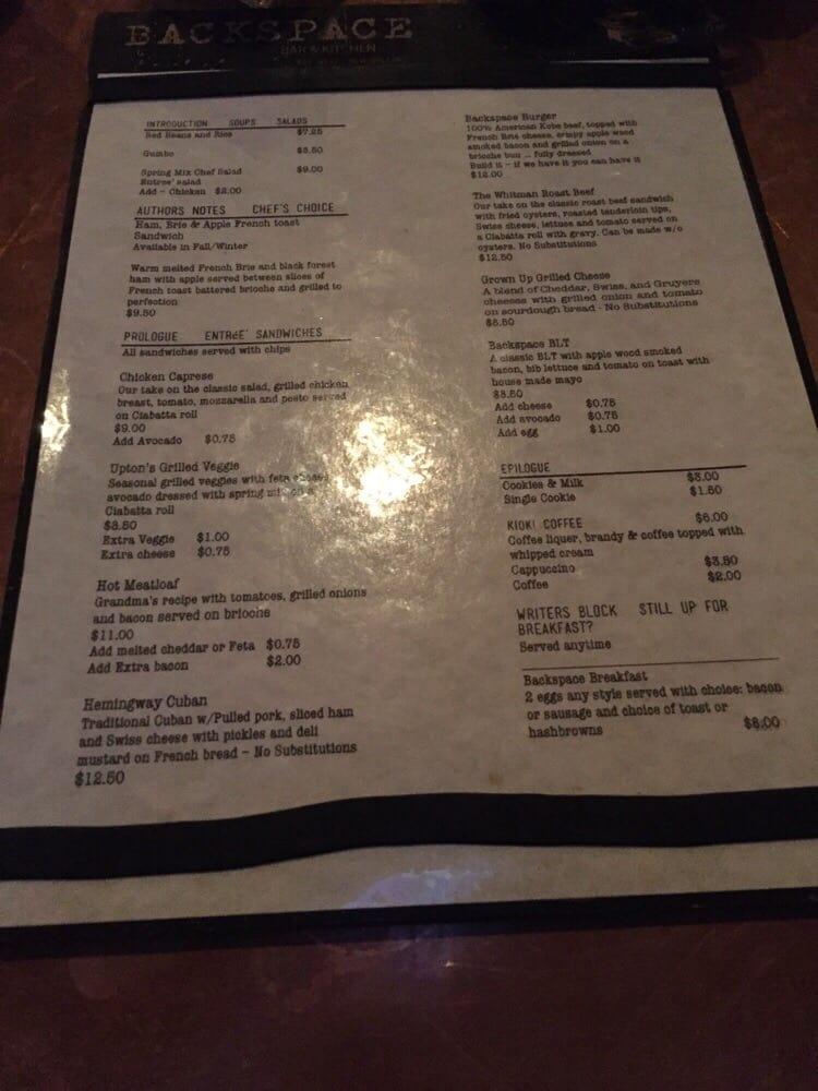 Menu at Backspace Bar & Kitchen, New Orleans