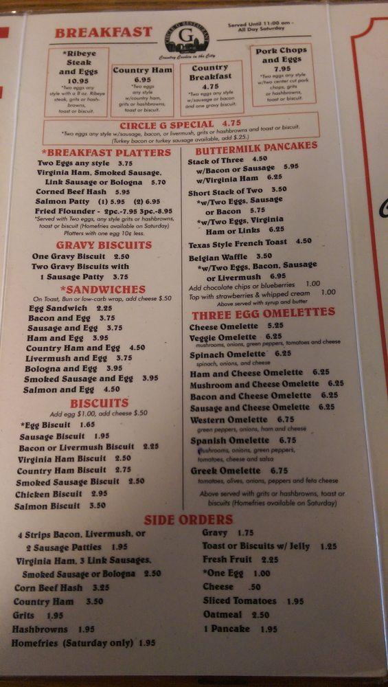 Menu at Circle G Restaurant, Charlotte